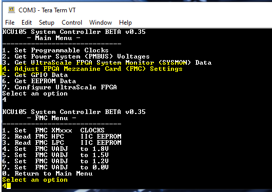 HSSIO 8-bit base loopback design example for a KCU105 board