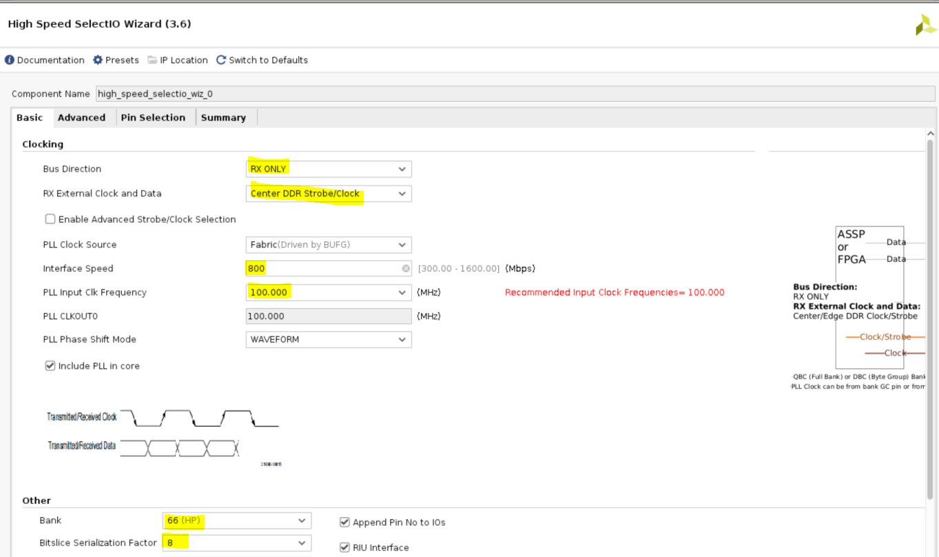 HSSIO 8-bit base loopback design example for a KCU105 board