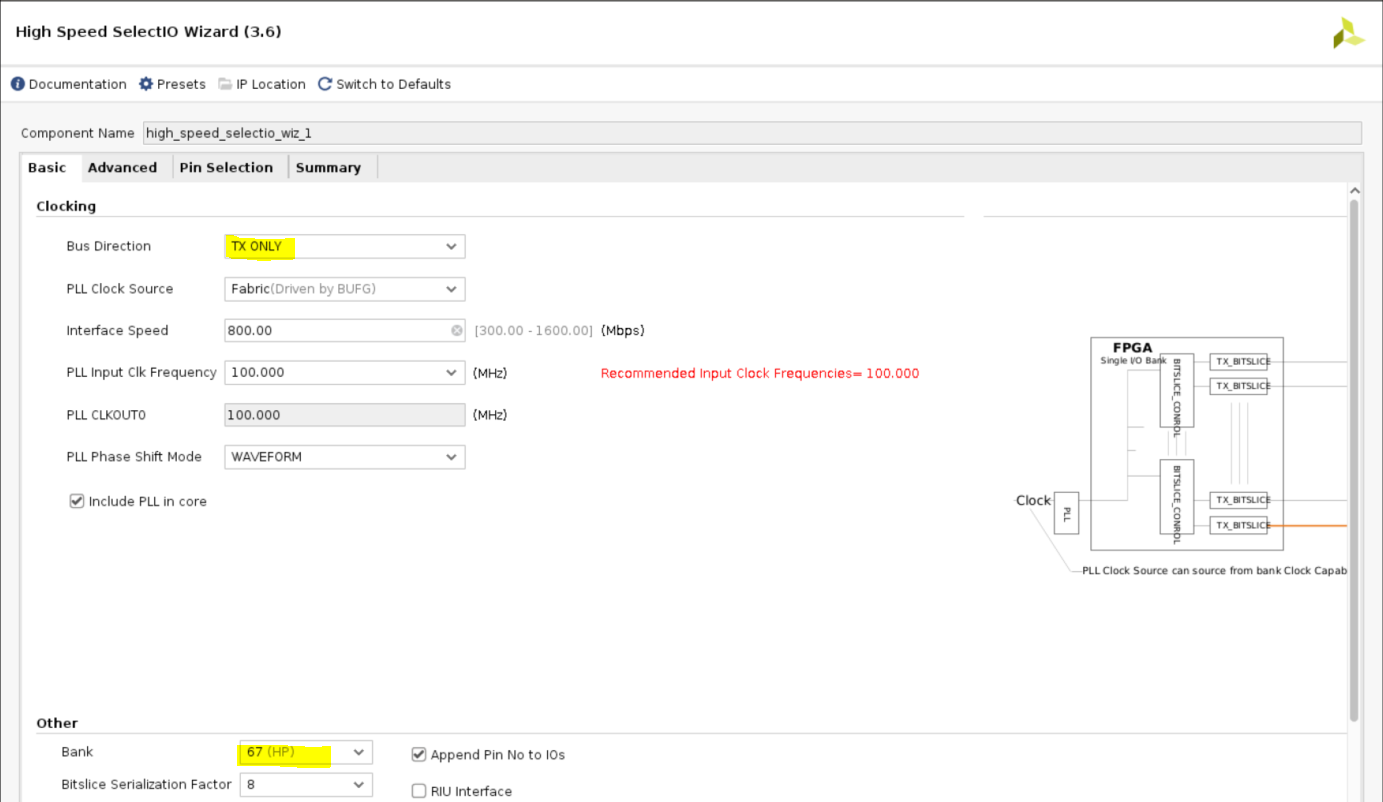 HSSIO 8-bit base loopback design example for a KCU105 board
