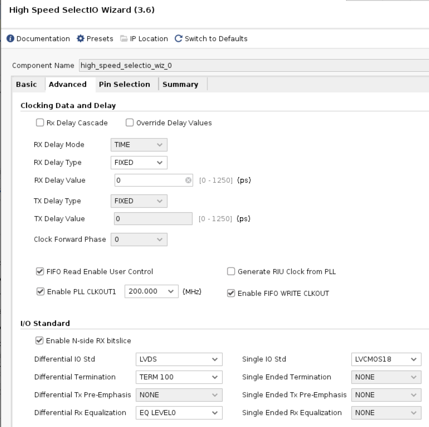 HSSIO 8-bit base loopback design example for a KCU105 board