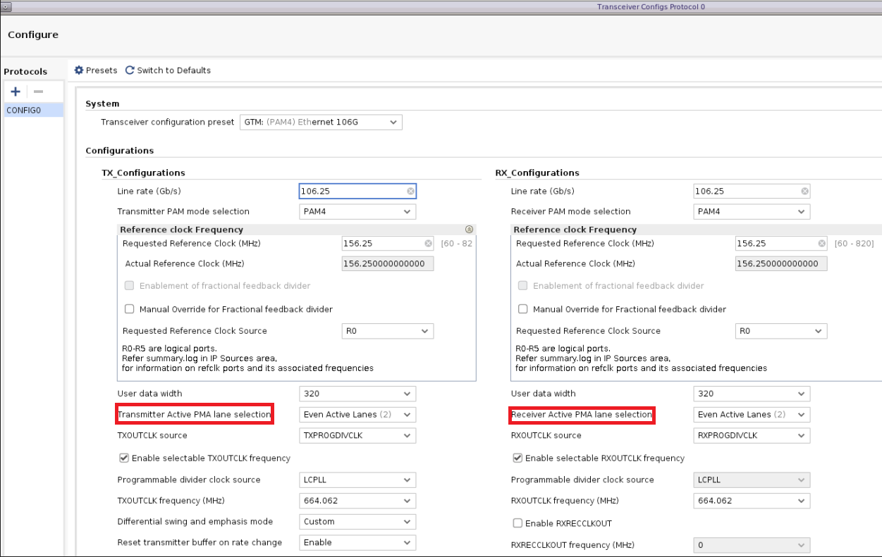 DCMAC even or odd active lane selection when GTM line rate is 106.25 Gb/s.