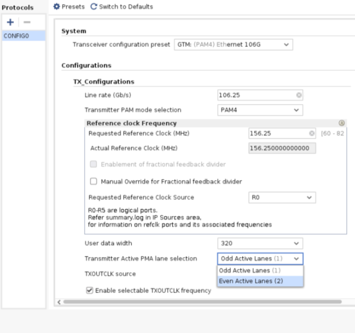 DCMAC even or odd active lane selection when GTM line rate is 106.25 Gb/s.