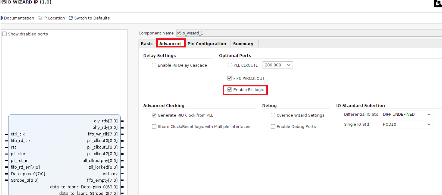 000037076 - 2024.2 Versal X5IO Wizard - Enable BLI Logic must be selected