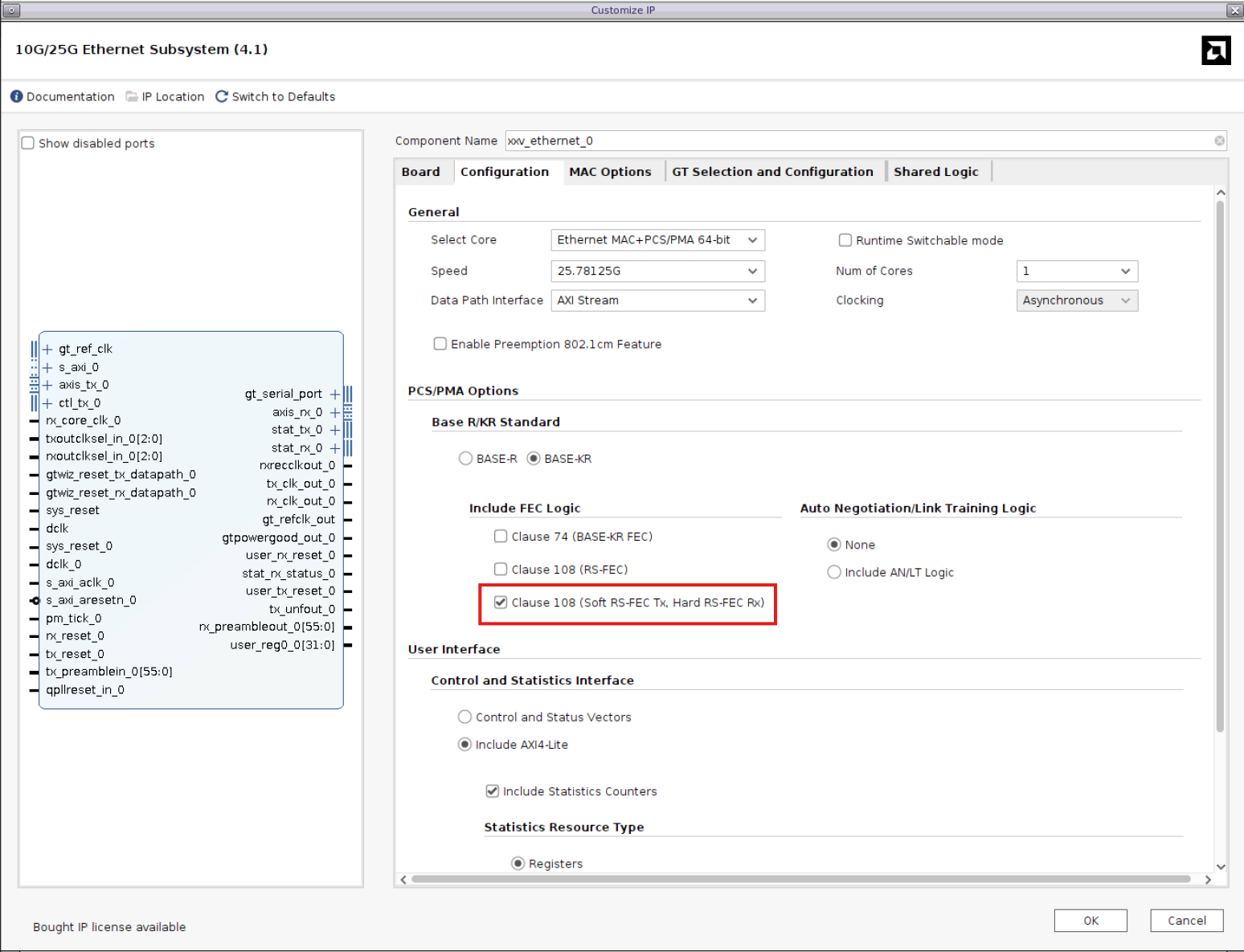 000037086 - 10G/25G Ethernet Subsystem IP Requires Additional Licenses to Enable Hard FEC ...