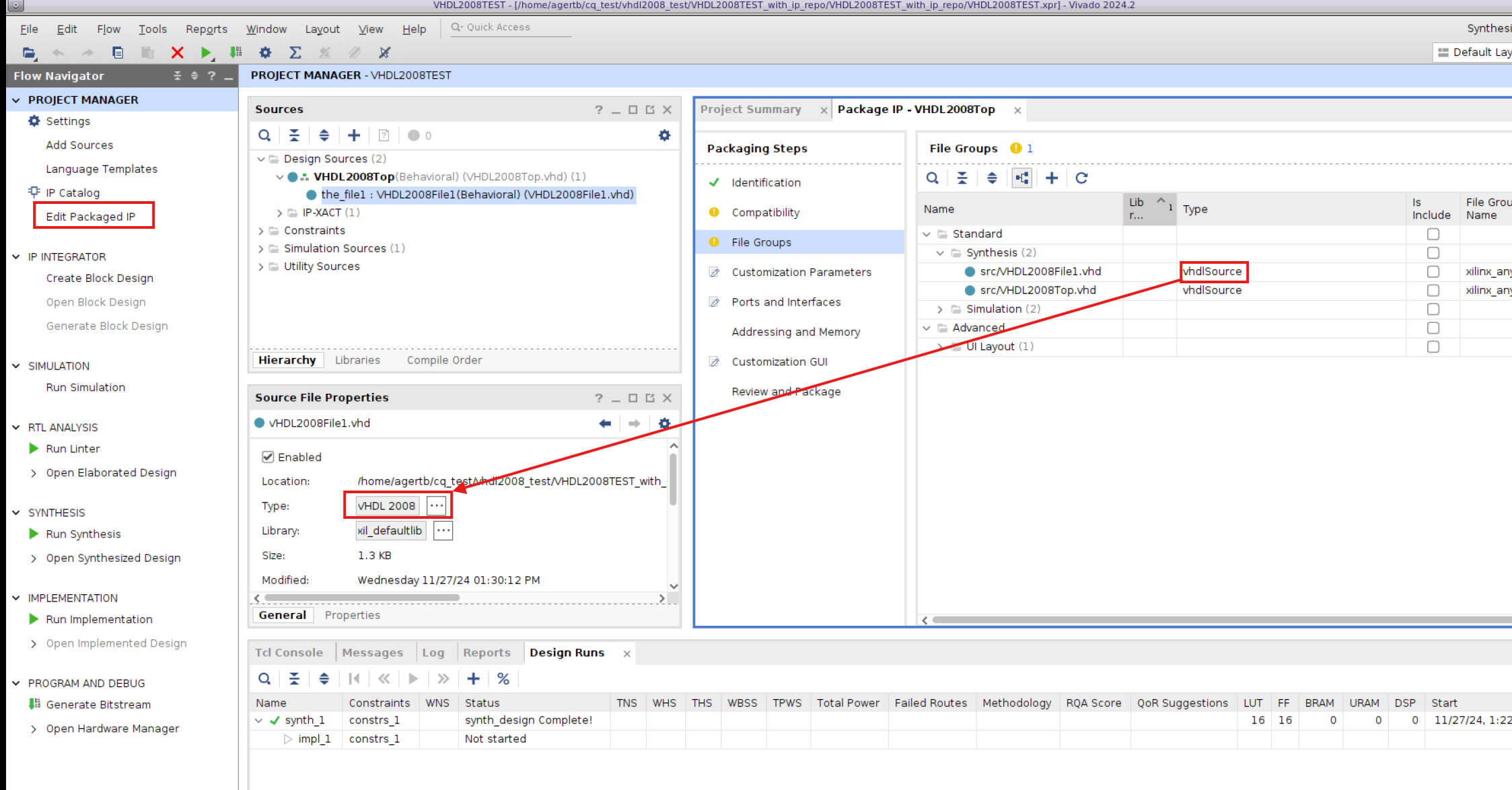 000037679 - Vivado 2021.1 到 2024.1 - 封装 IP 时，vhdlSource-2008 文件类型错误显示为 vhdlSource