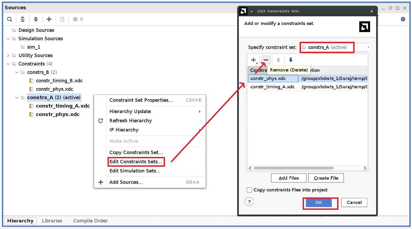 000038530 - Vivado 2025.1 removing XDC file from one constraint set removes it from other ...