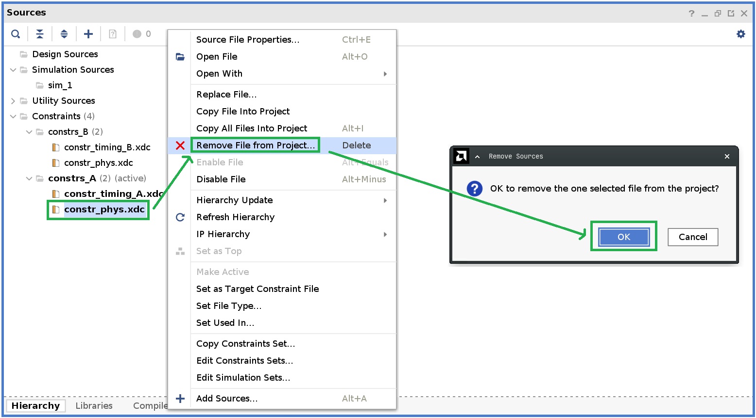 000038530 - Vivado 2025.1 removing XDC file from one constraint set ...