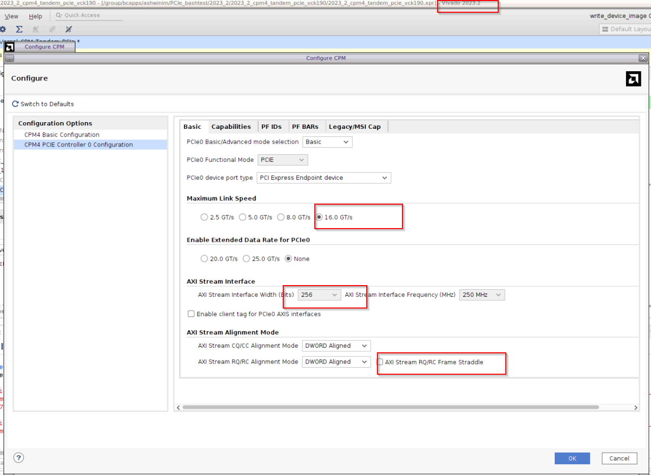 In the Versal CMP4 IP configuration GUI, "Enable AXI Stream Frame ...