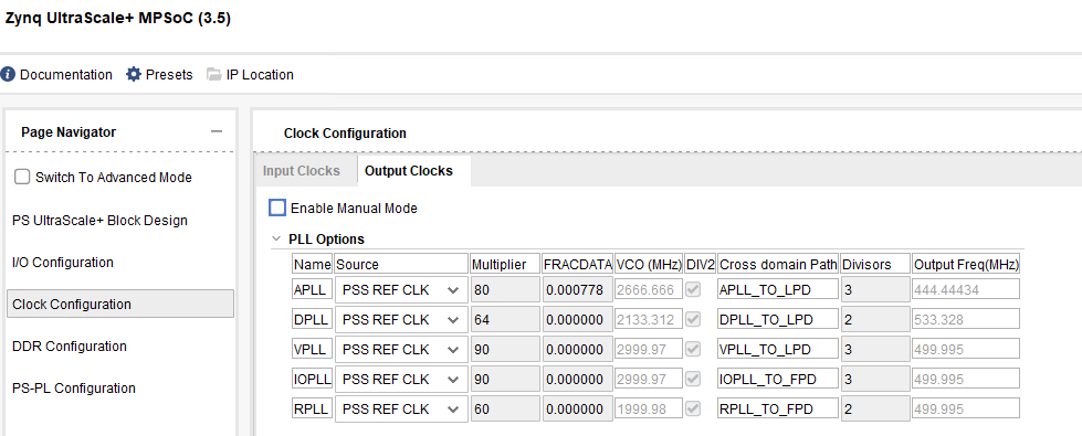 Clock chain inconsistent values (Kria ZynqMP -> Clock Wizard outputs)